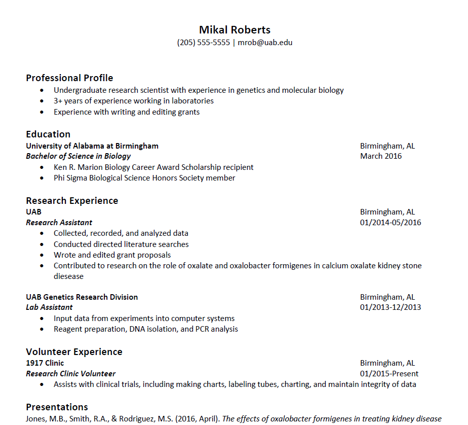 Sample Resumes - Students - Career Center | UAB